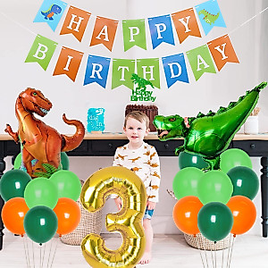 Dinosaur Birthday Decorations for Boy Three Rex Birthday Decorations Dinosaur Party Supplies 3 Year Old - Three Rex Balloons Dino Cake Topper Happy Birthday Banner