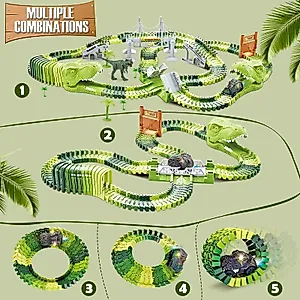 Dinasors Race Track Toy for Boys Girls Race Car Track for Kids Age 3-6 Dino Toys with 192 Flexible Track, 2 LED Dinosaur Racing Cars, Toddler Birthday Gift (Classical)
