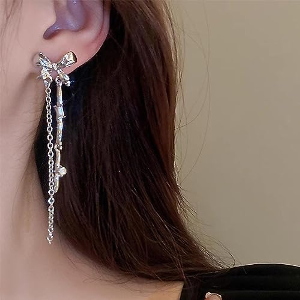 Sttiafay Vintage Bow Crystal Drop Earrings Silver Bar Dangle Earrings Long Crystal Bow Chain Earrings Cz Tassel Chain Earrings Jewelry for Women and Girls