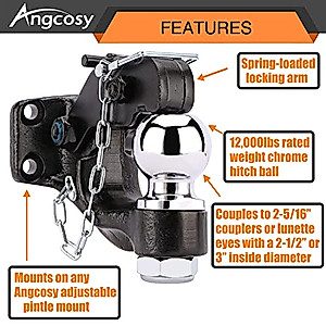 ANGCOSY 10-Ton Pintle Hook Trailer Hitches Receiver Hook Combination 2-5/16” Hitch Ball with Mounting Kit, 20000 lbs
