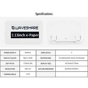 waveshare 2.13 inch Passive NFC-Powered e-Paper,250×122 Pixel, No Battery Required No Messy Wiring Novel Passive NFC Tech Wireless Powering & Data Transfer APP Provided