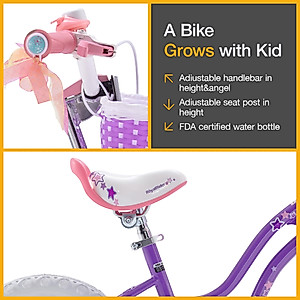 RoyalBaby Stargirl 14 Inch Kids Outdoor Bicycle with Accessory Basket, Bell, Thick Wheels, and Safety Training Wheels for Ages 3-5, Purple