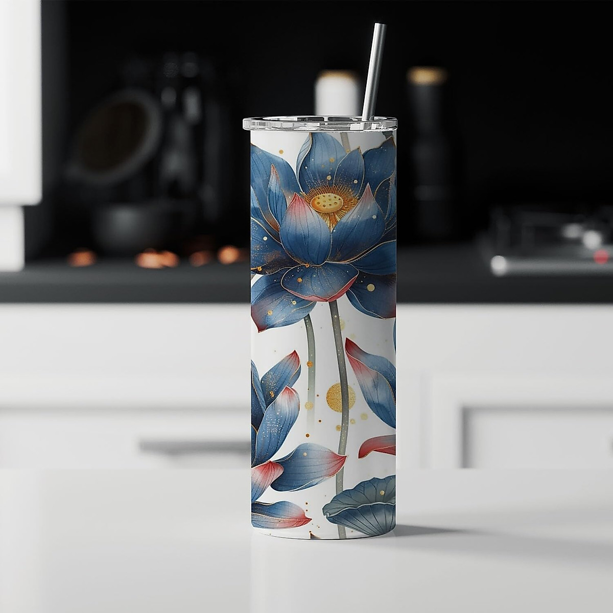 Medpol Blue Lotus tumbler with lid and straw 20 oz insulated tumbler cups Blue Lotus insulated travel coffee mugs for women cute sippy cups stainless insulated travel cups