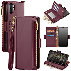 Antsturdy Compatible with Samsung Galaxy Note 10+ Plus case Wallet with Card Holder for Women Men Phone case RFID Blocking PU Leather Flip Cover with Strap Zipper Credit Card Slots,Wine Red