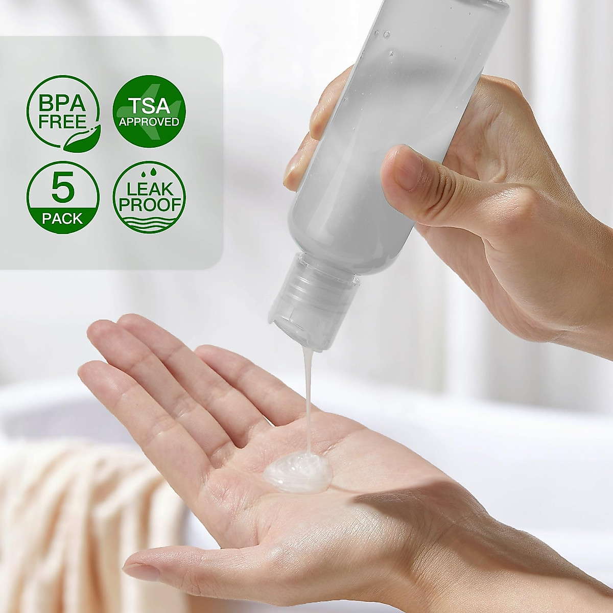 owlyee 3.4 oz Travel Bottles for Toiletries, Empty Travel Size Containers Tsa Approved, 5PCS Small Plastic Shampoo Bottles with Labels (100ml, All Clear)