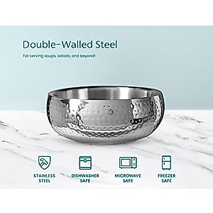 KooK Double-Walled Serving Bowl, Hammered Insulated Stainless Steel, For Hot and Cold Foods, Salads, Soups, Fruit, Large 1.05 Gal Capacity, Silver, 11 Inch