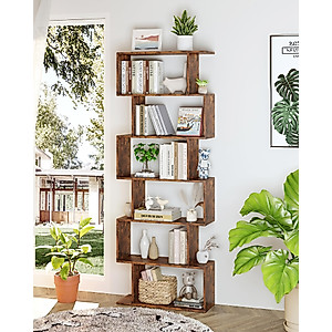 Yusong Geometric Bookcase, Bookshelf 6-Tier S Shaped Book Shelves for Bedroom, Modern Wood Decorative Display Shelf Tall Book Case for Home Office, Rustic Brown