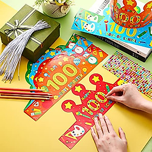 72 Pcs 100th Day of School Crowns with 6 Sheets Acrylic Rhinestone Stickers DIY 100 Days Paper Party Hat Happy Adhesive Rhinestones Paper Crowns for Kid 100 Days of School Celebration Party Favors