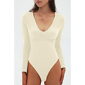 CHYRII Womens Sexy V Neck Bodysuit Basic Ribbed Long Sleeve Shirt Fall Tops Beige S