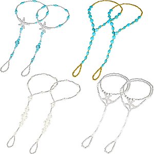 4 Pairs Beach Barefoot Sandals for Women Girls Foot Jewelry Starfish Pearls Turquoise Beaded Elastic