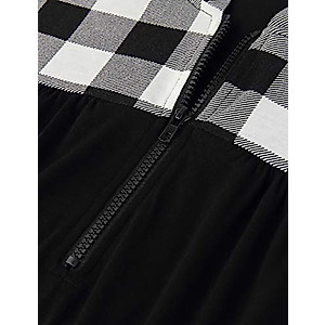 Messic Long Shirts for Leggings for Women, Tops to Wear with Leggings Cute Zip Vneck Pullover Tunic Tops Casual Comfy Lightweight Color Block Plaid Hooded Shirts for Women Black#2 XL
