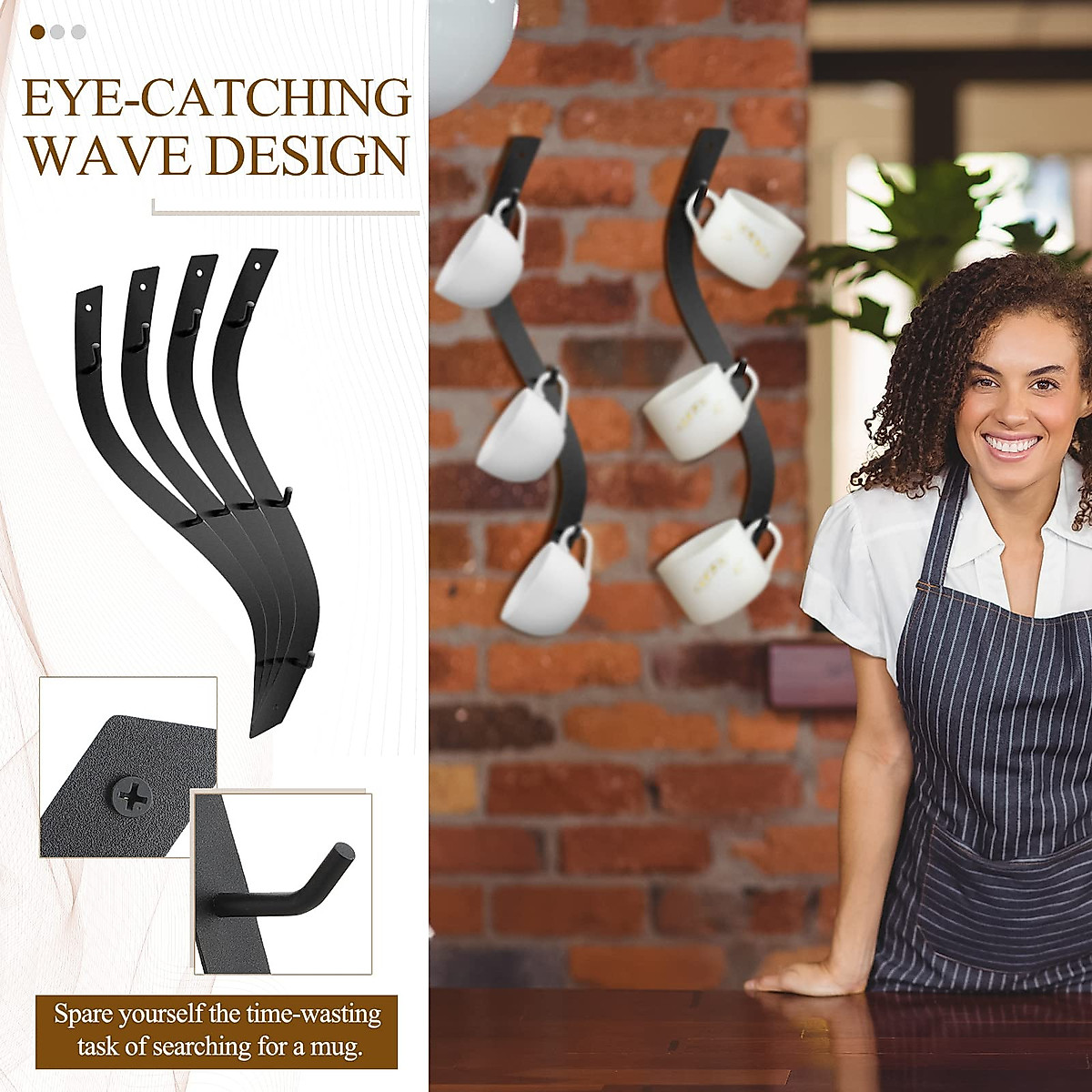 4 Pack Coffee Mug Wall Rack Mounted with 12 Hooks S Curve Metal Coffee Cup Rack Wall Hanging Holder for Coffee Bar Kitchen Coffee Corner Station Decor Display