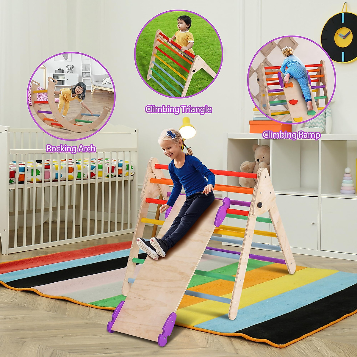 Agiyimi 4 in 1 Pikler Triangle Climber, Foldable Wooden Triangle Ladder Montessori Climbing Toys with Ramp Arch Climber Rocker Indoor Outdoor Gym Playground Climbing Toys for Toddlers(Multicolor)