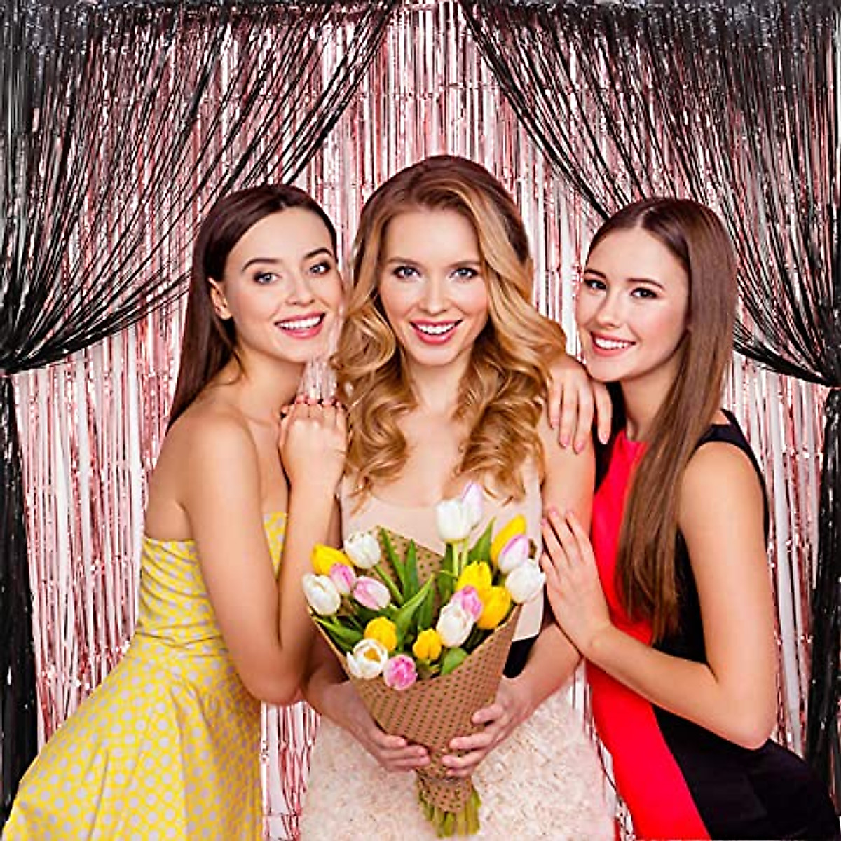 4 Packs 2 Black and 2 Rose Gold Foil Fringe Curtains, 3.2 ft x 8.2 ft Tinsel Curtains with Adhesive, Photo Booth Backdrop for Birthday, Graduation Party Decorations (Black and Rose Gold, 4pcs)