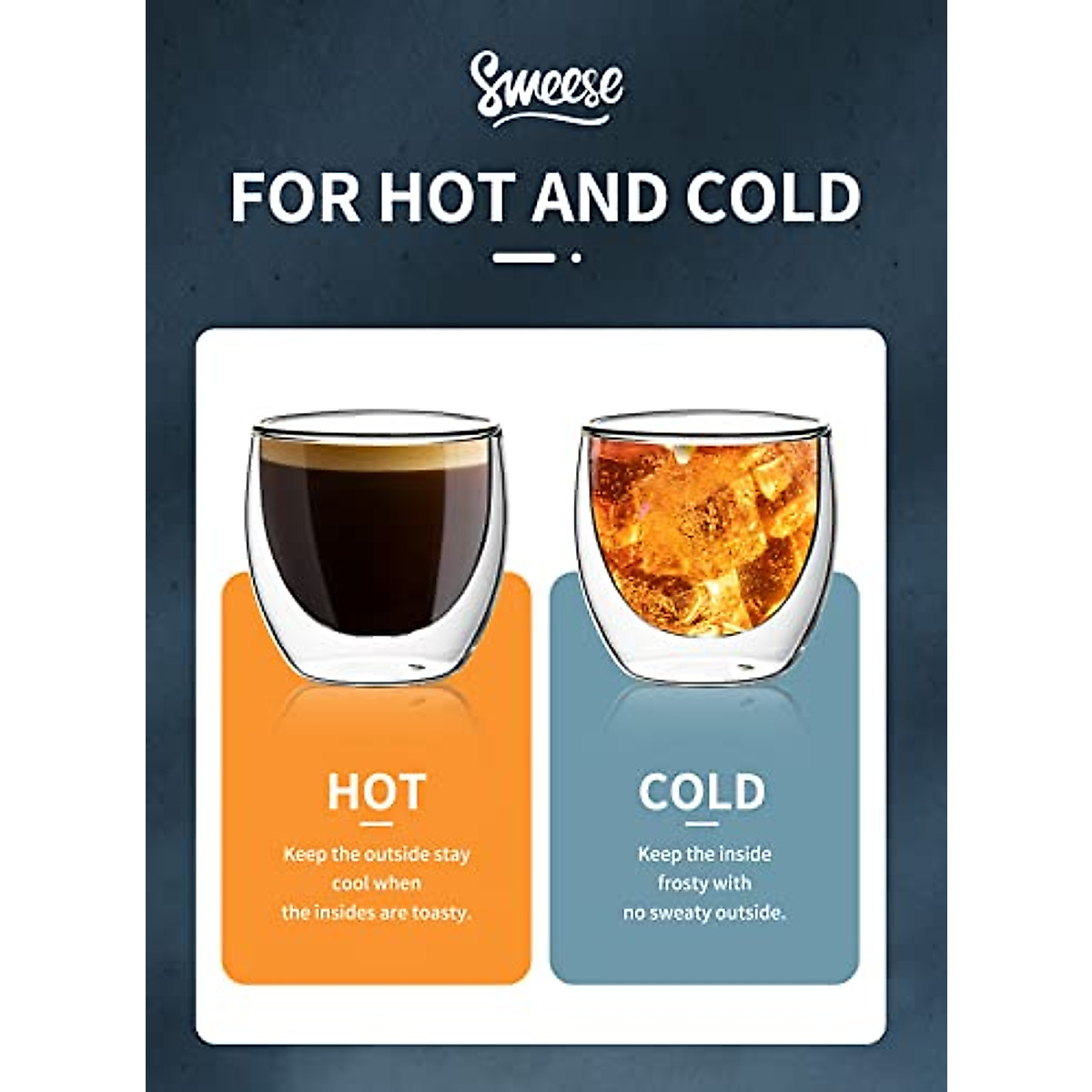 Sweese 4 Ounce Espresso Cups Set of 4, Double-Wall Insulated Glasses Cups Set- Handmade Glass- 408.101