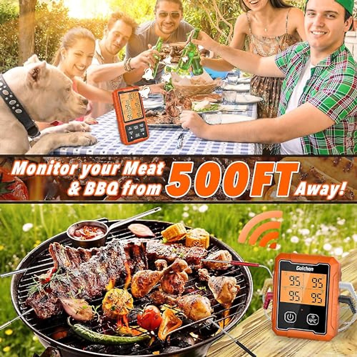 Wireless Meat Thermometer, Guichon Digital Meat Thermometer, 4 Probes Food Thermometer for BBQ, Grill, Oven, Smoker, Grill Thermometer with 500FT Remote Range