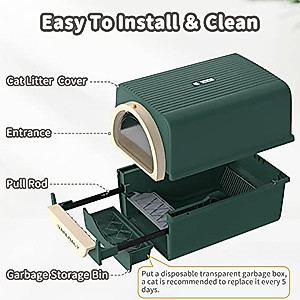 VARLNALY 3.0 Large Self-Cleaning Cat Litter Box, Pull-Out Non-Electric Automatic Cat Litter Box with Lid(24PCS Trash Box), One-Piece Base Prevents Urine＆Litter Leakage, Enclosed Isolates Odor(Green)