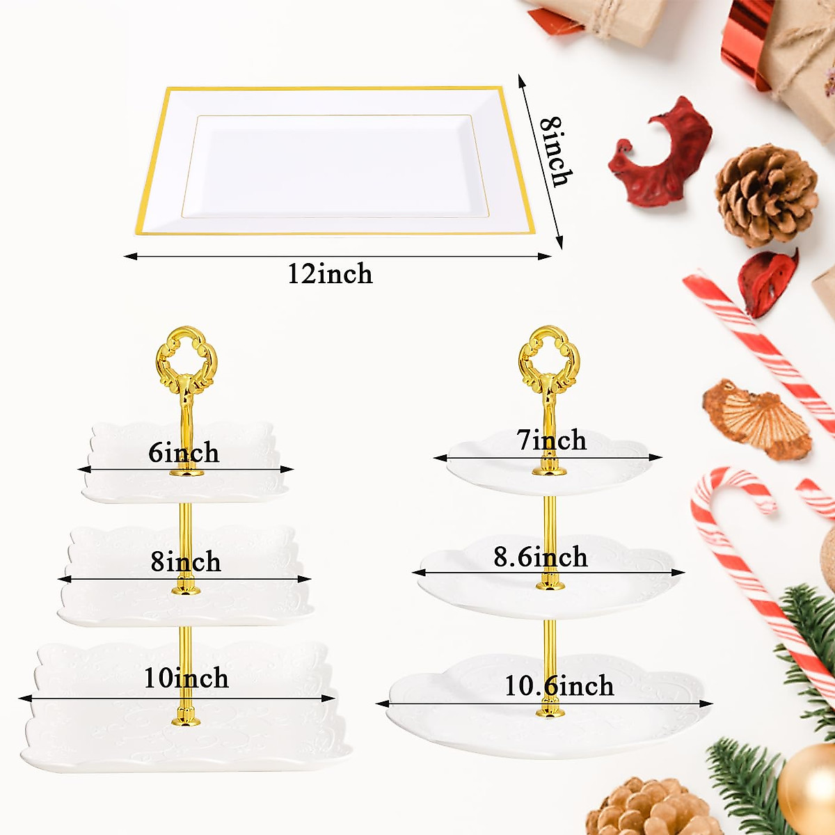 mwellewm 10 Pcs Dessert Table Stand Set 4 Pcs 3-Tier Plastic Cupcake Stands Gold Cake Stand Cookie Tray Rack Serving Tray Cake Display Tower and 6 Pcs Dessert Trays for Wedding Baby Shower Tea Party