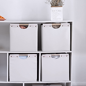 HOONEX Large Collapsible Storage Bins, Linen Fabric, Pack of 2, Storage Baskets with Wooden Carry Handles and Sturdy Heavy Cardboard, for Home, Office, Car, Nursery, White