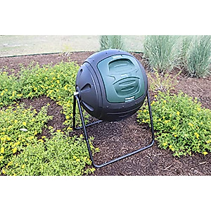 Exaco Ms. Tumbles Round Easy to Turn Compost Tumbler - 35 Gallons, Drain Hose with Cut-Off Valve, Black/Green