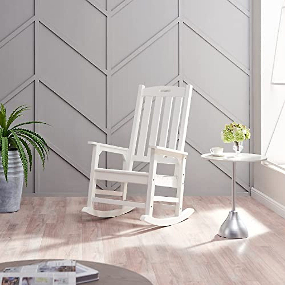 Psilvam Patio Rocking Chair, Poly Lumber Porch Rocker with High Back, 350Lbs Support Rocking Chairs for Both Outdoor and Indoor, Poly Rocker Chair Looks Like Real Wood (White)