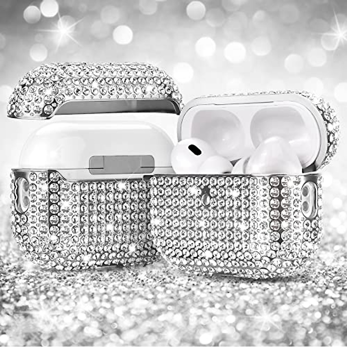 Case for AirPods Pro 2nd Generation, Filoto Cute AirPod Pro 2 Protective Case Cover for Women Girls, Bling Crystal PC Apple Air Pods Pro Cases Accessories with Lobster Clasp Keychain (Silver)