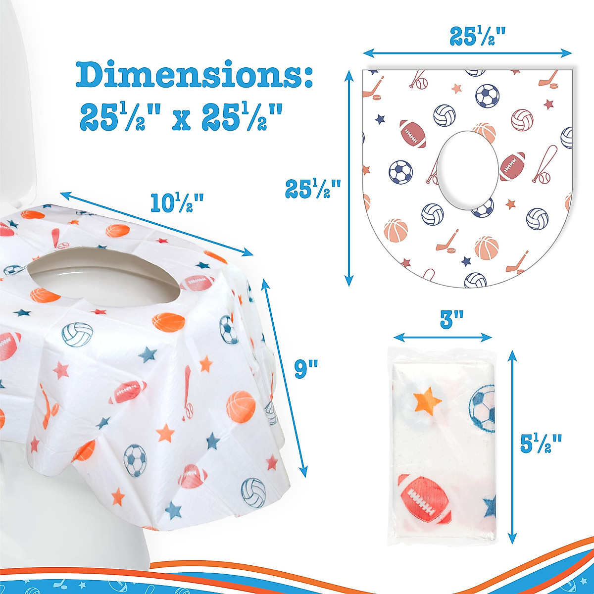 Disposable Toilet Seat Covers for Kids & Adults, 40 Pack - Protect from Public Toilet Germs While Potty Training & More - Extra Large, Waterproof, Portable, Individually Wrapped - Blue/Sports