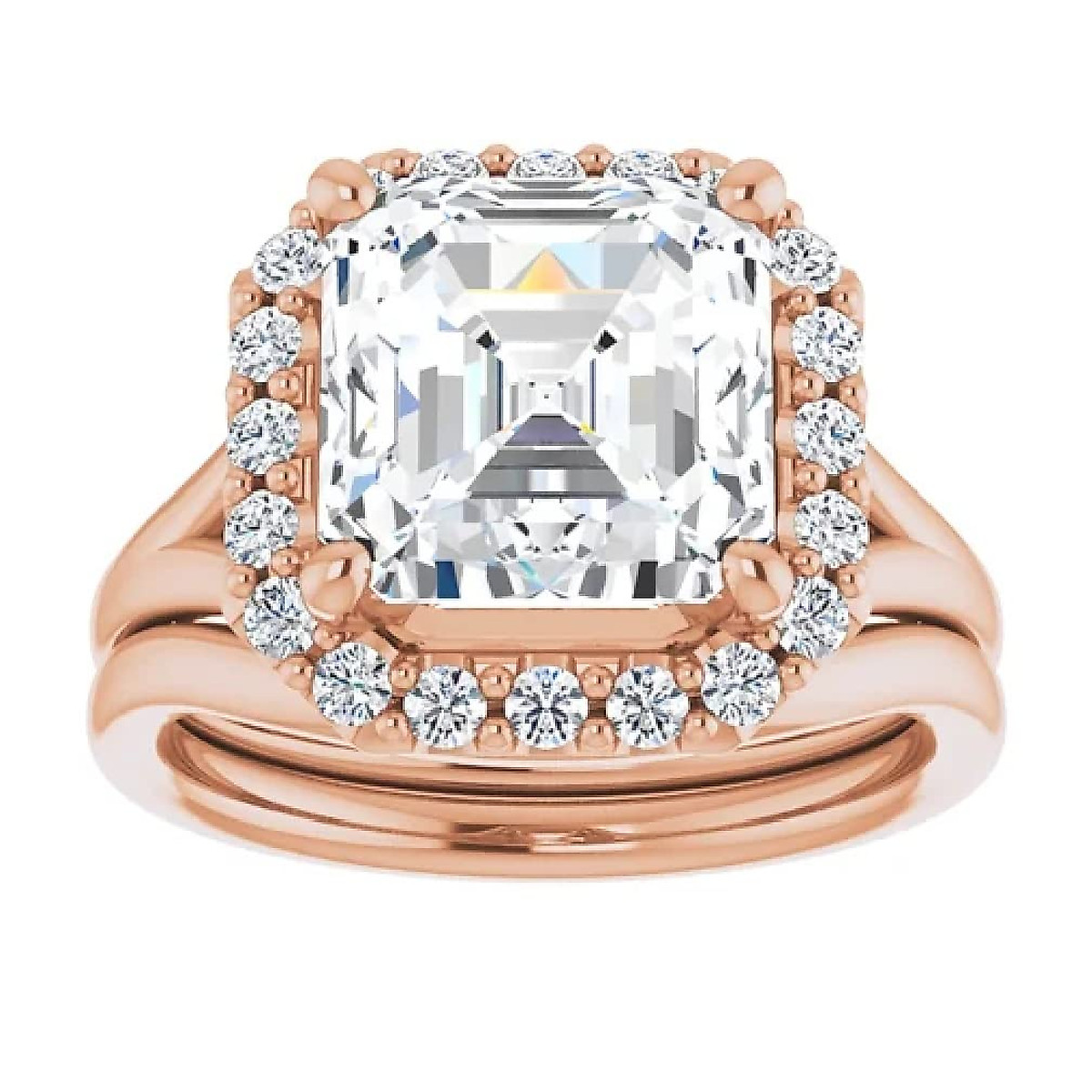 Asscher Moissanite Engagement Ring Set 4 CT Handmade 18K Solid Rose Gold Rings for Women Solitaire Colorless Diamond Anniversary Halo Bridal Wedding Ring Proposal Gifts VVS1 Colorless