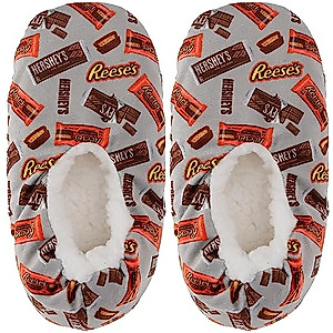 HERSHEY'S Sock Slippers For Kids, Reese's Peanut Butter Cup Candy Bar Print, Grey, Size Large (1-4 Big Kid)
