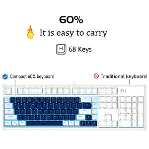 Camiysn 60 Percent Mechanical Keyboard, Compact 68 Keys Anti-ghosting with Blue Switch, Ice Blue Backlit, Detachable Type-C Keyboard for PC Gamer Windows Laptop Mac, White & Blue