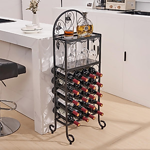 VECELO Freestanding Wine Rack Bar Table Holder, Tempered Glass Top, Liquor Display Shelf Stand for Home Kitchen Pub, 20 Bottles, Black