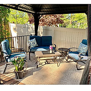 Oakmont 5Pcs Outdoor Patio Furniture Conversation Sets (Loveseat, Coffee Table and Bistro Table, 2 Spring Chair) -Wrought Iron Chair Set with Peacock Blue Cushions