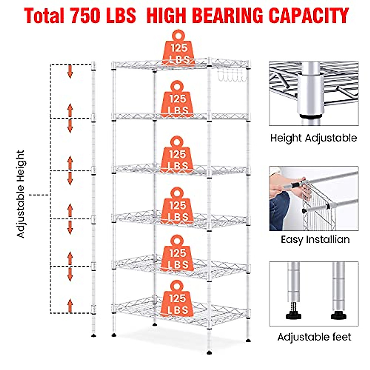 ALPHINO 6-Shelf Shelving Storage Unit ,Heavy Duty Metal Organizer Wire Rack with Leveling Feet , Stainless Side Hooks for Bathroom Kitchen Garage 750Lbs Capacity (Silver)