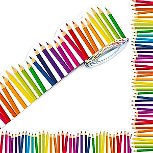 60 Feet Bulletin Board Borders, Scalloped Rolled Border Trim with Pencil Patterns for School, Classroom & Offices