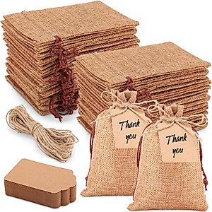 Woanger 100 Pcs Burlap Gift Bags with 100 Pcs Kraft Paper Gift Tags with Drawstring Favor Bags Bulk Small Burlap Sack Bags Pouches for DIY Thanksgiving Fall Party Craft(Dark Brown,4 x 6 Inch)