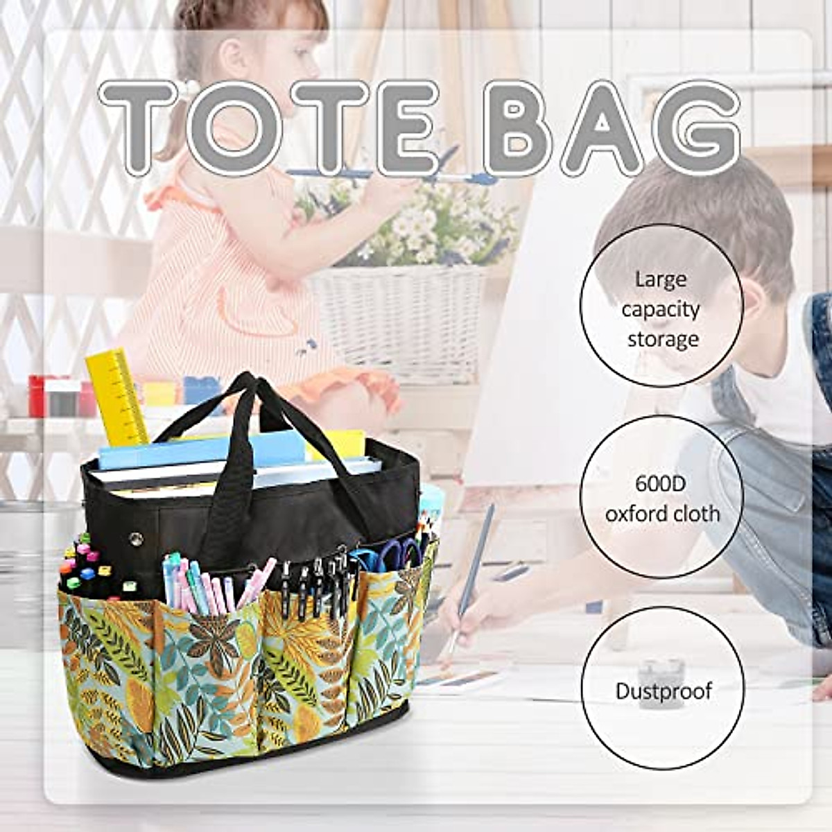 GERYMU Art Supply Storage Organizer, Craft Organizers and Storage Tote Bag with Pockets Art Caddy Oxford Fabric Craft Storage Containers for Teacher, Students, Artist,Office Workers, Traveler Yellow