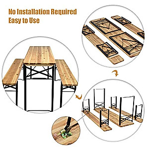 Giantex 70'' 3-Piece Portable Folding Picnic Beer Table with Seating Set Wooden Top Picnic Table for Patio Outdoor Activities Garden Use, 30'' Table Height