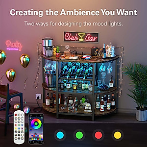 Zarler Bar Table Cabinet with Power Outlet, LED Home Mini Bar Cabinet for Liquor, Metal Wine Bar Stand with 4-Tier Storage, Easy to Assemble, Brown