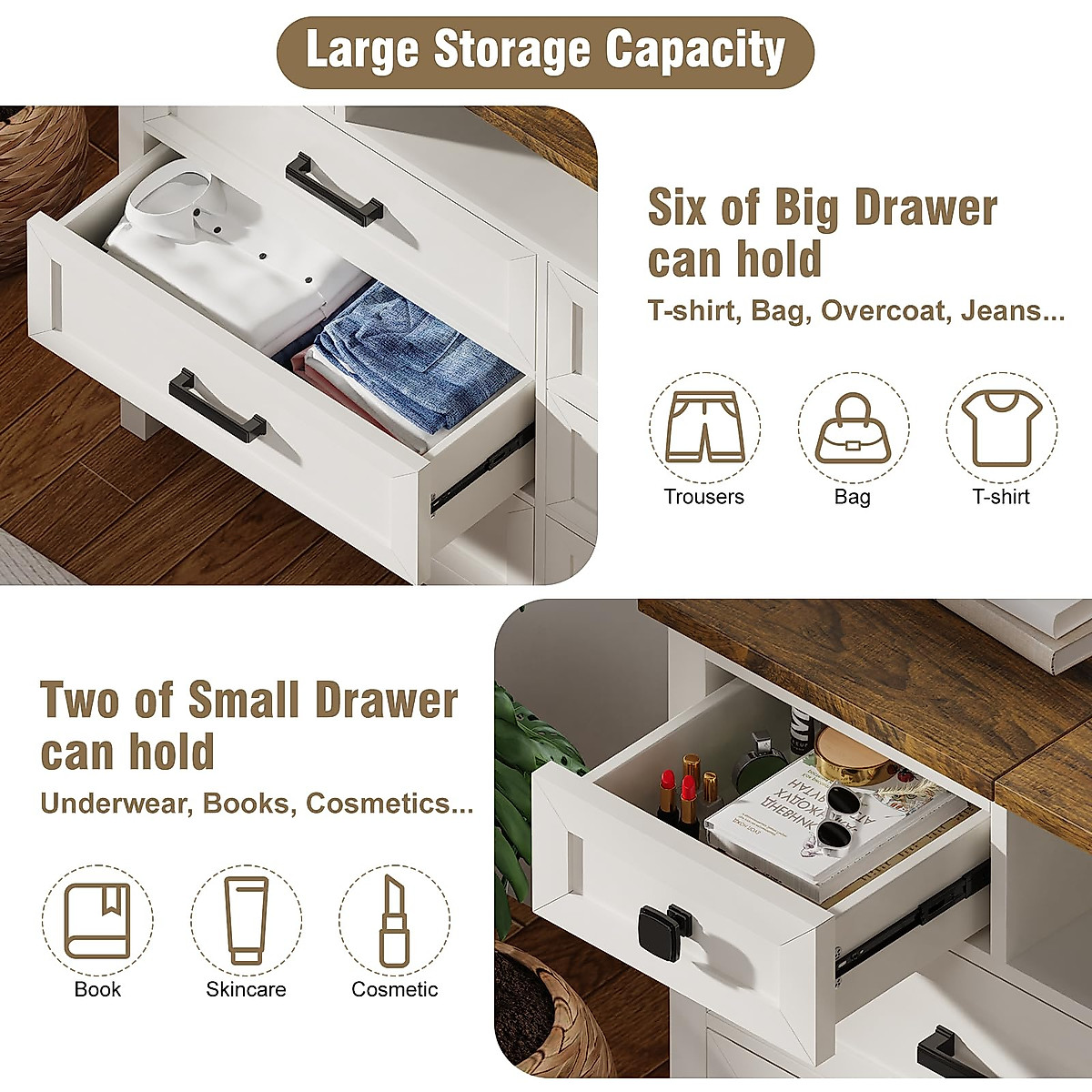 MIIFUNY Dresser with Mirror for Bedroom, 8 Drawer Dresser with Charging Station, Farmhouse Chest of Drawers for Bedroom, Hallway, Kids Room