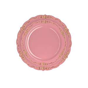 Exquisite 60 Pcs Disposable Plastic Plates | Victorian Design Premium Disposable Plates | 9 inch. Pink & Gold China Like Plastic Plates For Parties & Weddings