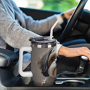 DWVSFJM Shih Tzu Dog Insulated Tumbler 40 Oz Stainless Steel Double Wall Vacuum Travel Mug Large Capacity Car Cup Reusable Coffee Cup with Handle And Straw Lid Gifts White