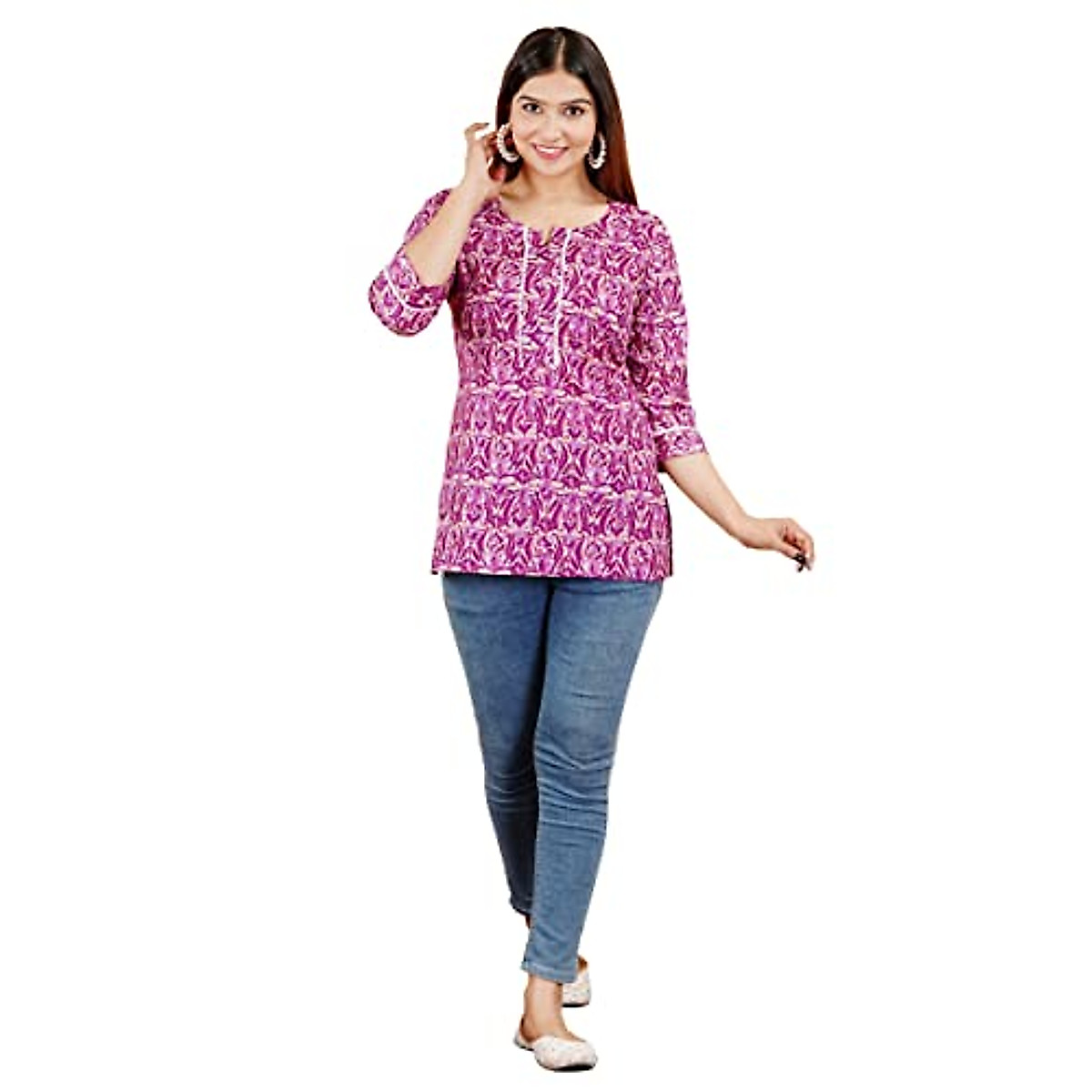 COTTON HTHRANG Women's Tunics Tops, Printed Short Kurtis for Jeans Indian Style Cotton Casual Kurta for Women Purple