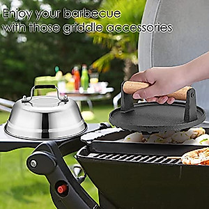 HaSteeL Melting Dome & Grill Press for Griddle, Stainless Steel 9In Basting Cover & Heavy Duty 7In Wooden Burger Press, Griddle Accessories Kit Great for Flat Top Teppanyaki Cast Iron Indoor Outdoor