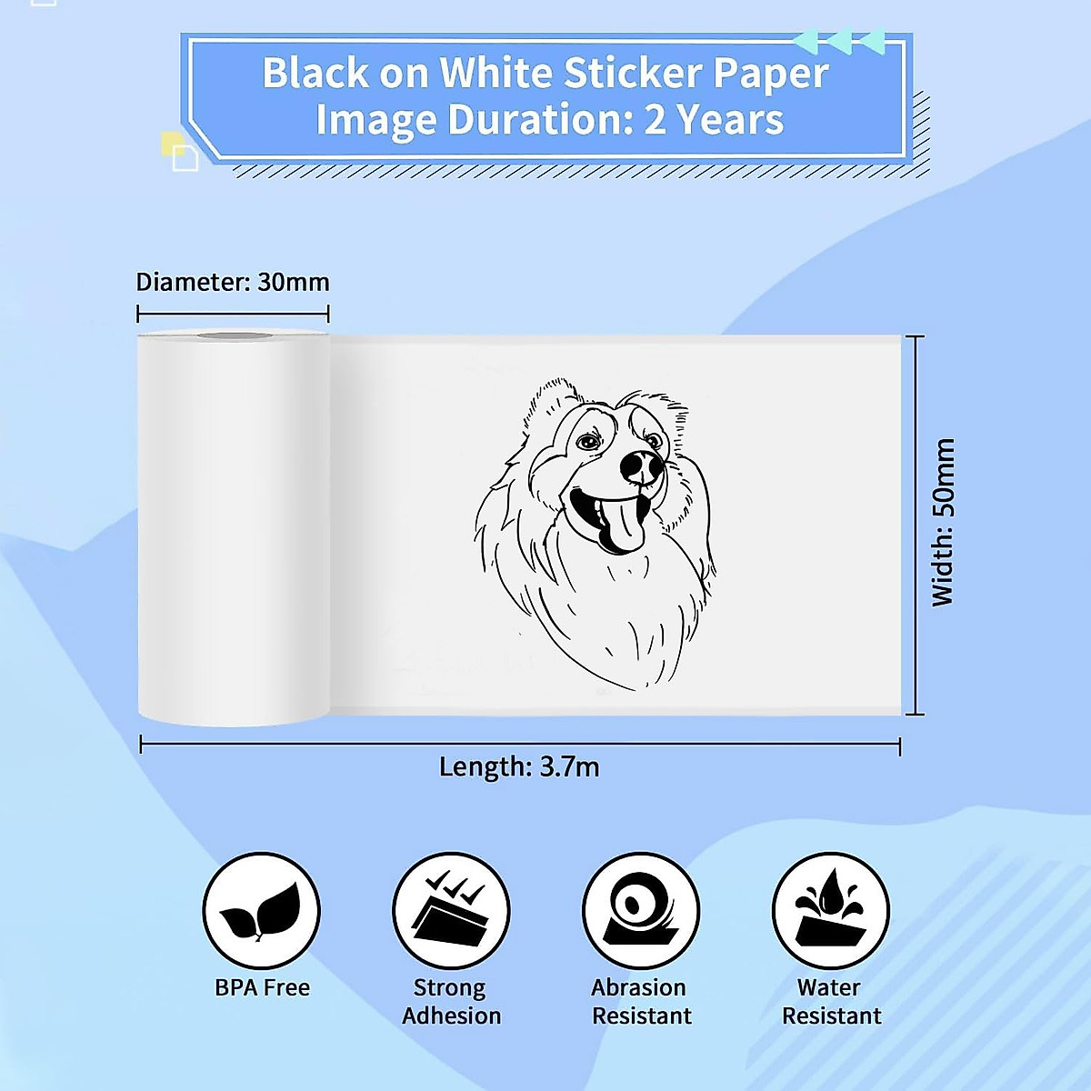 HOTCOLOR T02/M02X White Thermal Paper-10-Year Sticky Compatible With Phomemo/Memoking M02/T02 Mini Printer 50mmx3.7m for Journal Photo Texts Study Notes and More, 3 Rolls