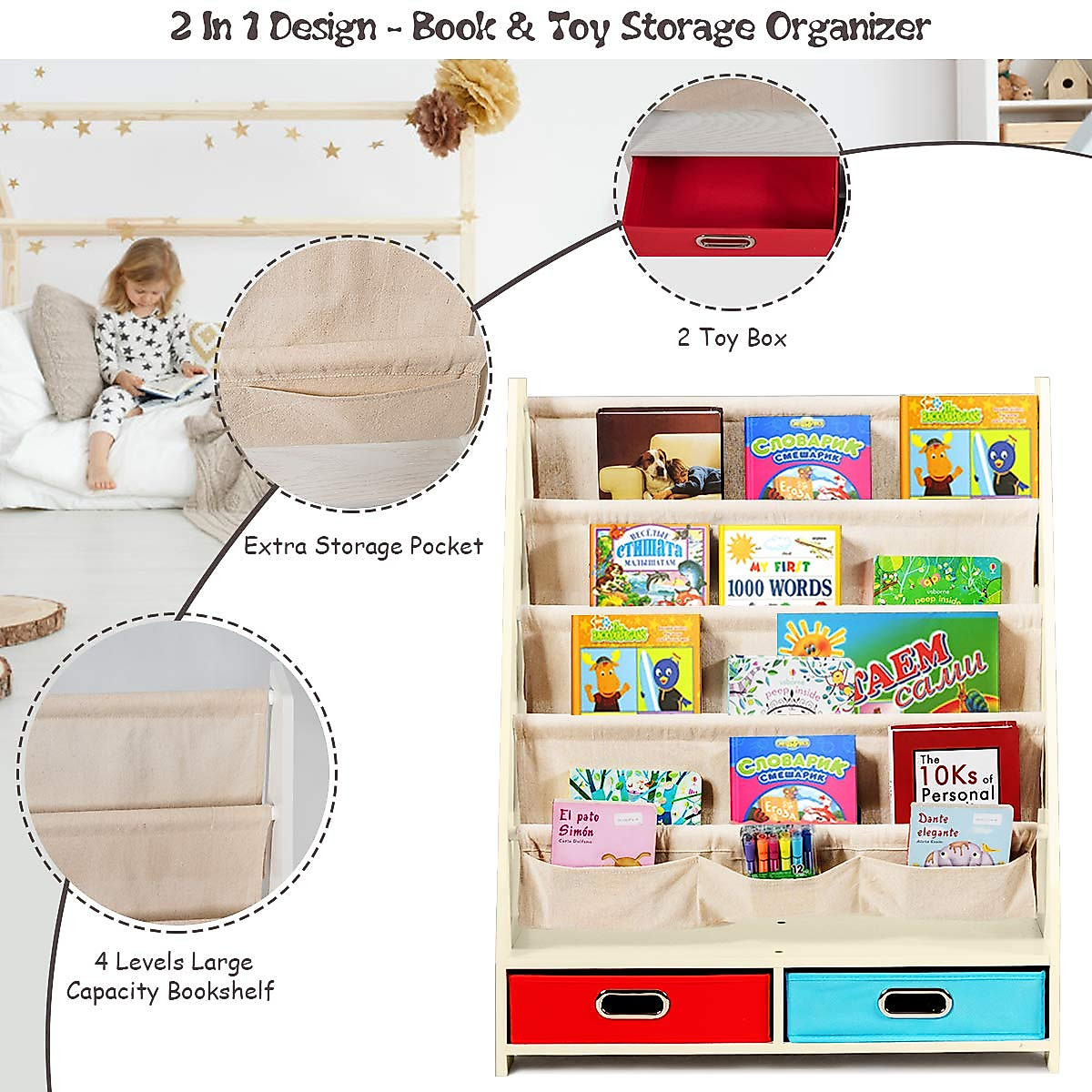 HONEY JOY Kids Book Rack with 2 Storage Bins, Wooden Toddler Bookshelf with 4 Sling Shelves, Book Display Stand Toy Storage Organizer for Kids Bedroom & Playroom (Beige)