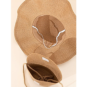 Verdusa Women's Bow Wide Brim Straw Sun Hat and Crossbody Straw Bag Set Khaki One-Size