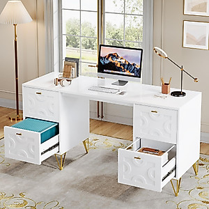 Tribesigns White and Gold Desk with Drawers, 59'' Modern Computer Desk with File Drawers, Work Desk with Storage, Simple Wood Desk with Gold Legs, Large Workstation for Home Office