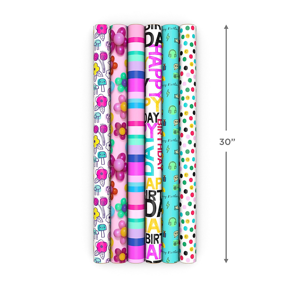Hallmark Birthday Wrapping Paper Rolls - Flowers, Stripes, Pink, Teal and Black Polka Dots Gift Wrap Paper (Set of 6 Rolls: 180 sq. ft. ttl.)