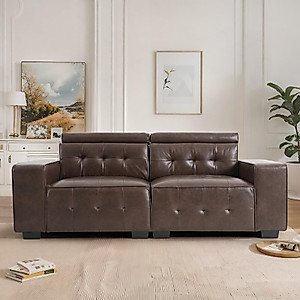 WARM HARBOR 84" Modern Sofas for Living Room, Faux Leather Loveseat Couch with Adjustable Headrest, Wide Armrest, Easy to Install(84in, Brown)