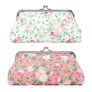 Oyachic 2 Pcs Large Coin Purse,Floral Change Purse,Vintage Wallet,Long Coin Pouch,Coin Wallet with Kiss Lock Clasp for Women Girls